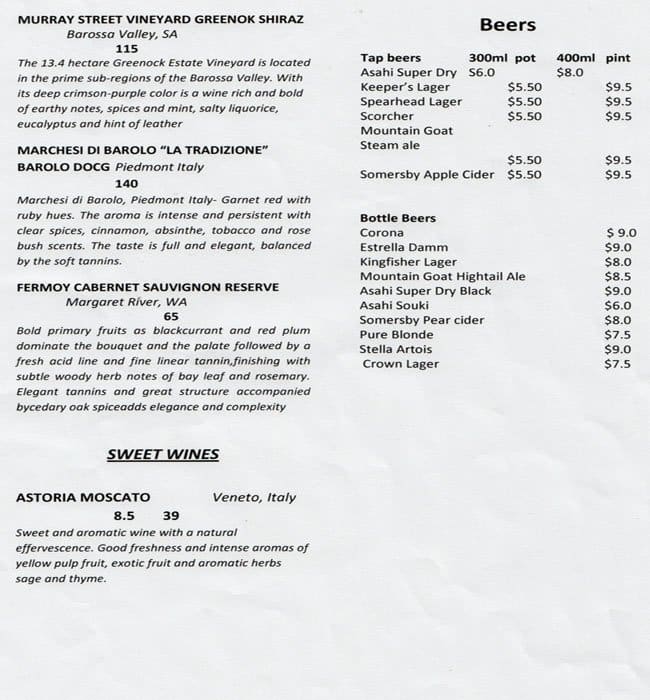 Menu at 181 Bar, Footscray