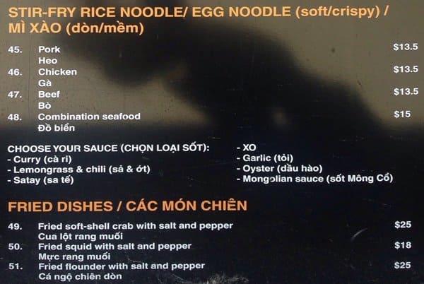 Menu at 181 Bar, Footscray