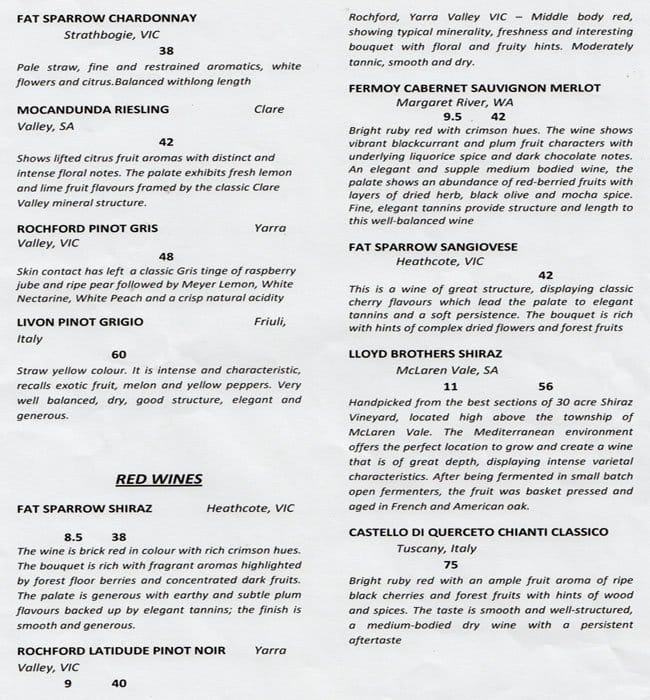 Menu at 181 Bar, Footscray