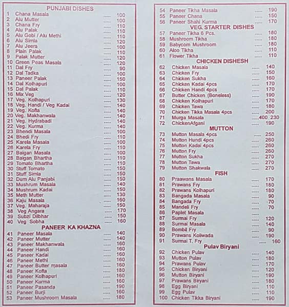Menu of Hotel My Choice, Bandra East, Mumbai