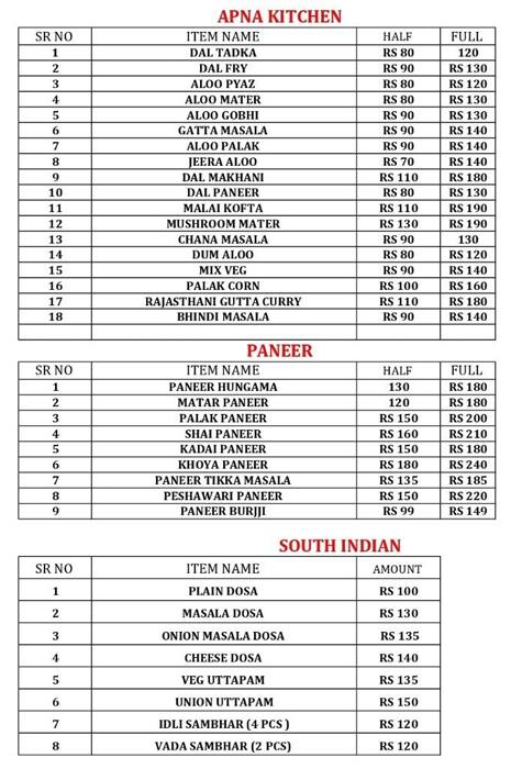 Menu of Apna Kitchen, Mansarovar, Jaipur