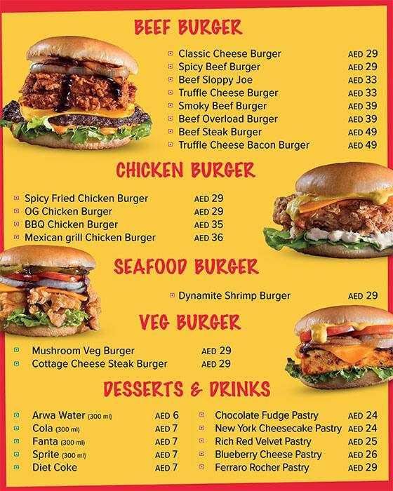 Menu at Messy Burger, Dubai