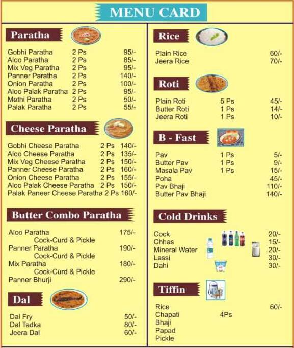 Menu of Sai Paratha, Near Andheri East Station, Mumbai