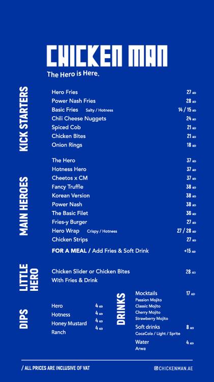 Menu of Chicken Man, Yas Island, Abu Dhabi