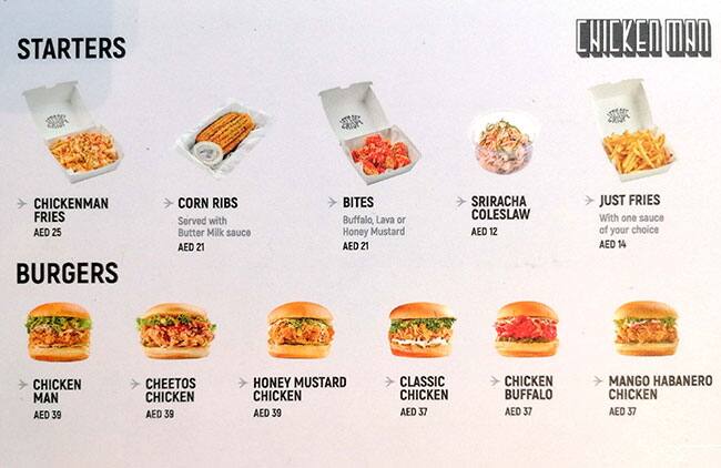 Menu of Chicken Man, Yas Island, Abu Dhabi