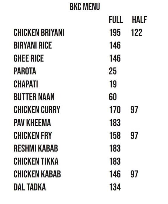 Menu of BKC Restaurant, BTM, Bangalore