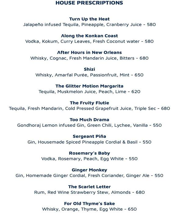 Menu at Nava, Mumbai