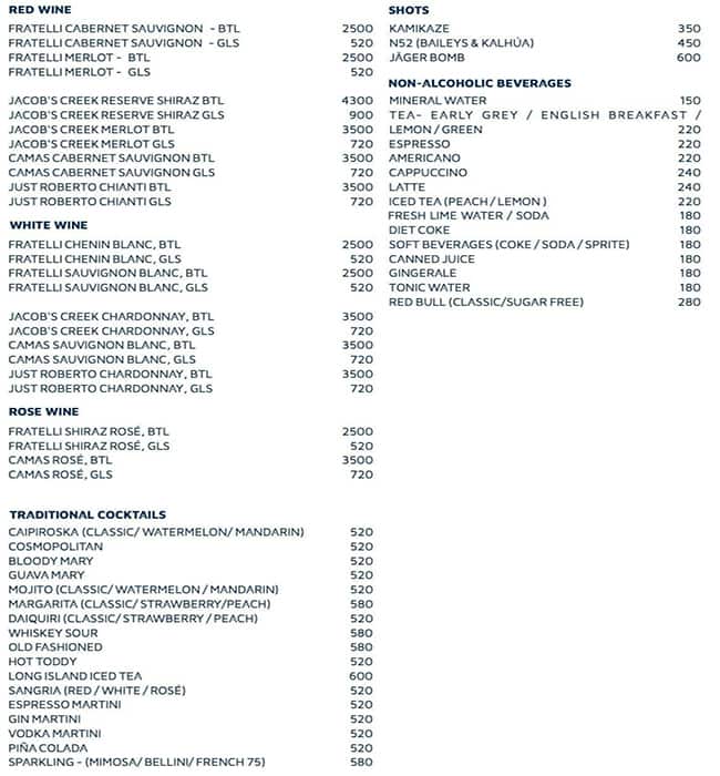 Menu at Nava, Mumbai