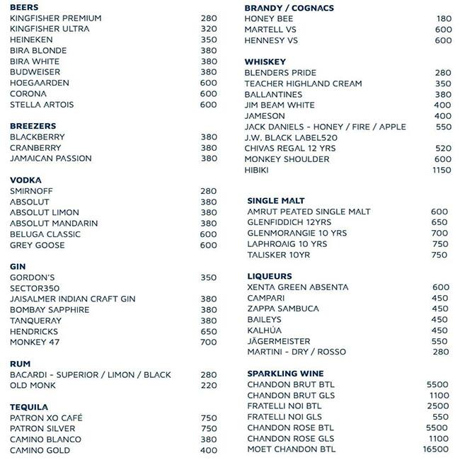 Menu at Nava, Mumbai