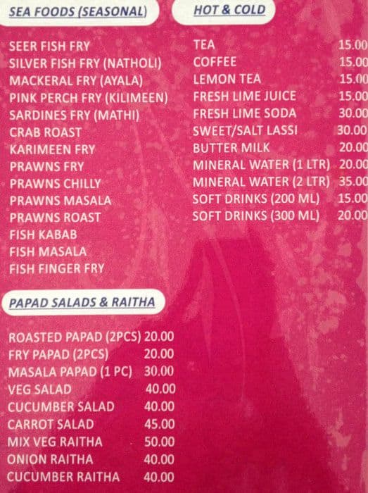 Menu at Nostalgia, Bengaluru, Above SBM ATM