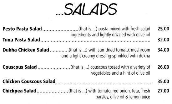 Menu au 3 Degrees café, Stellenbosch