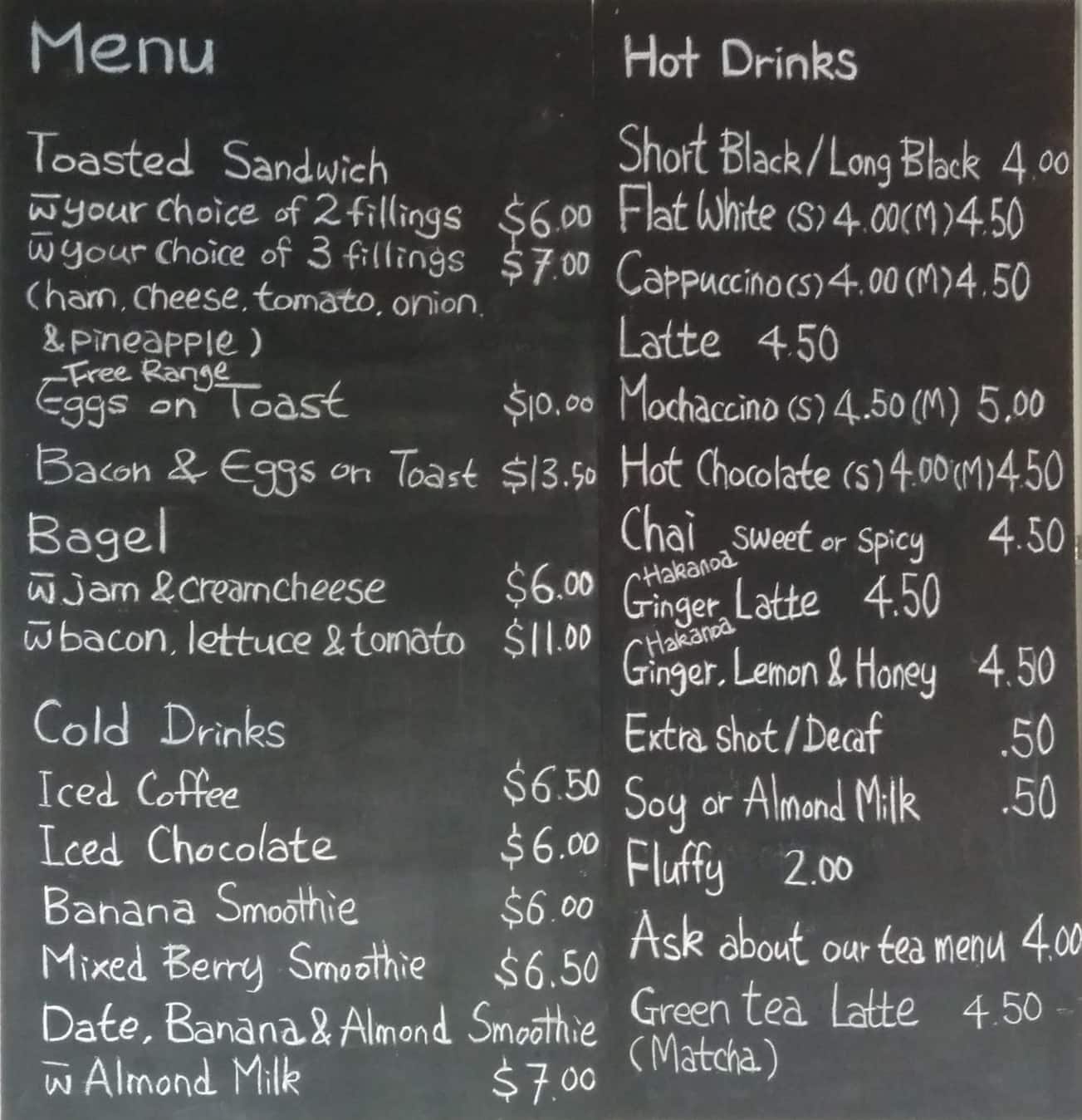 Menu at The Lemon Tree cafe, Auckland