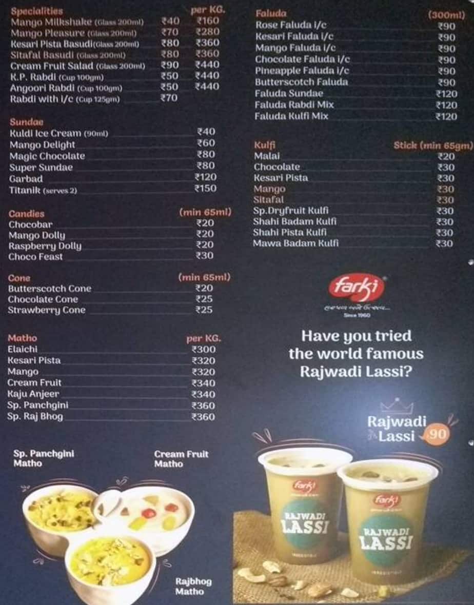 Menu of Farki, Gota, Ahmedabad