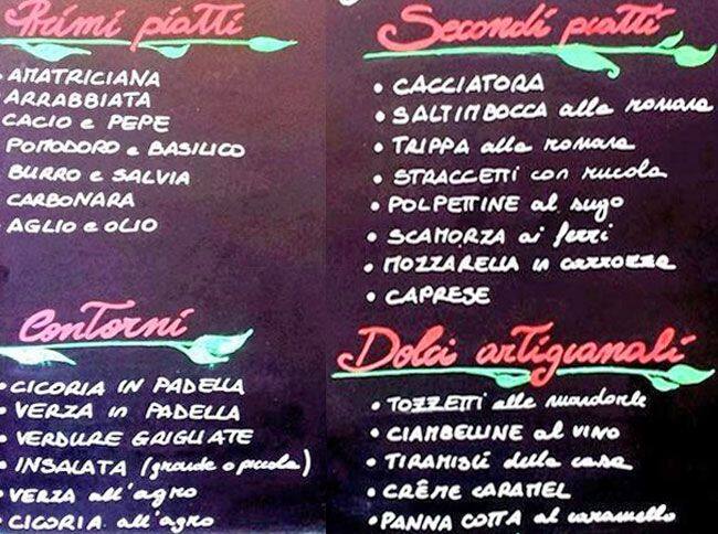 Menu at Hostaria da Franca restaurant, Rome