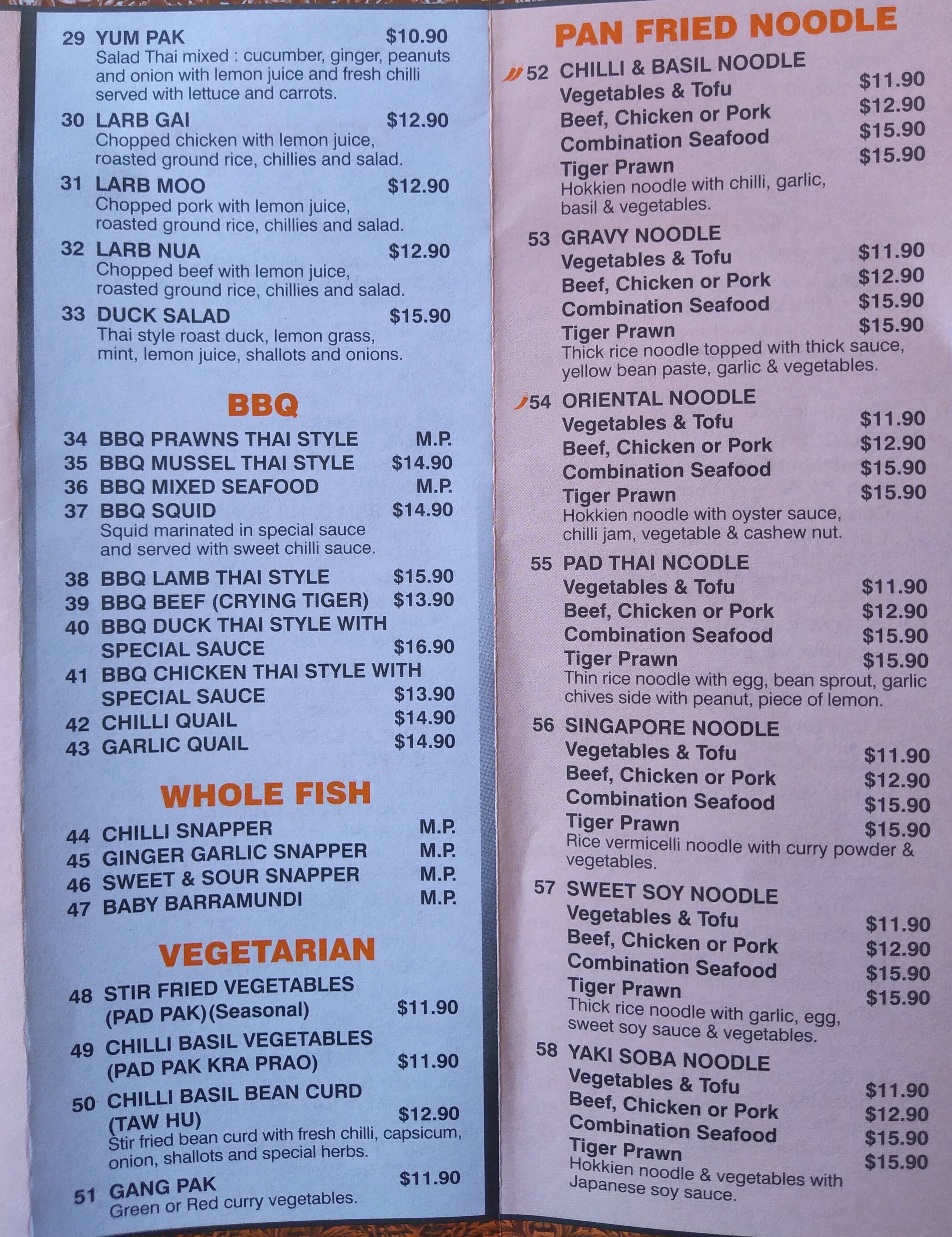 Menu at Gourmet Thai Noodle restaurant, Saint Marys