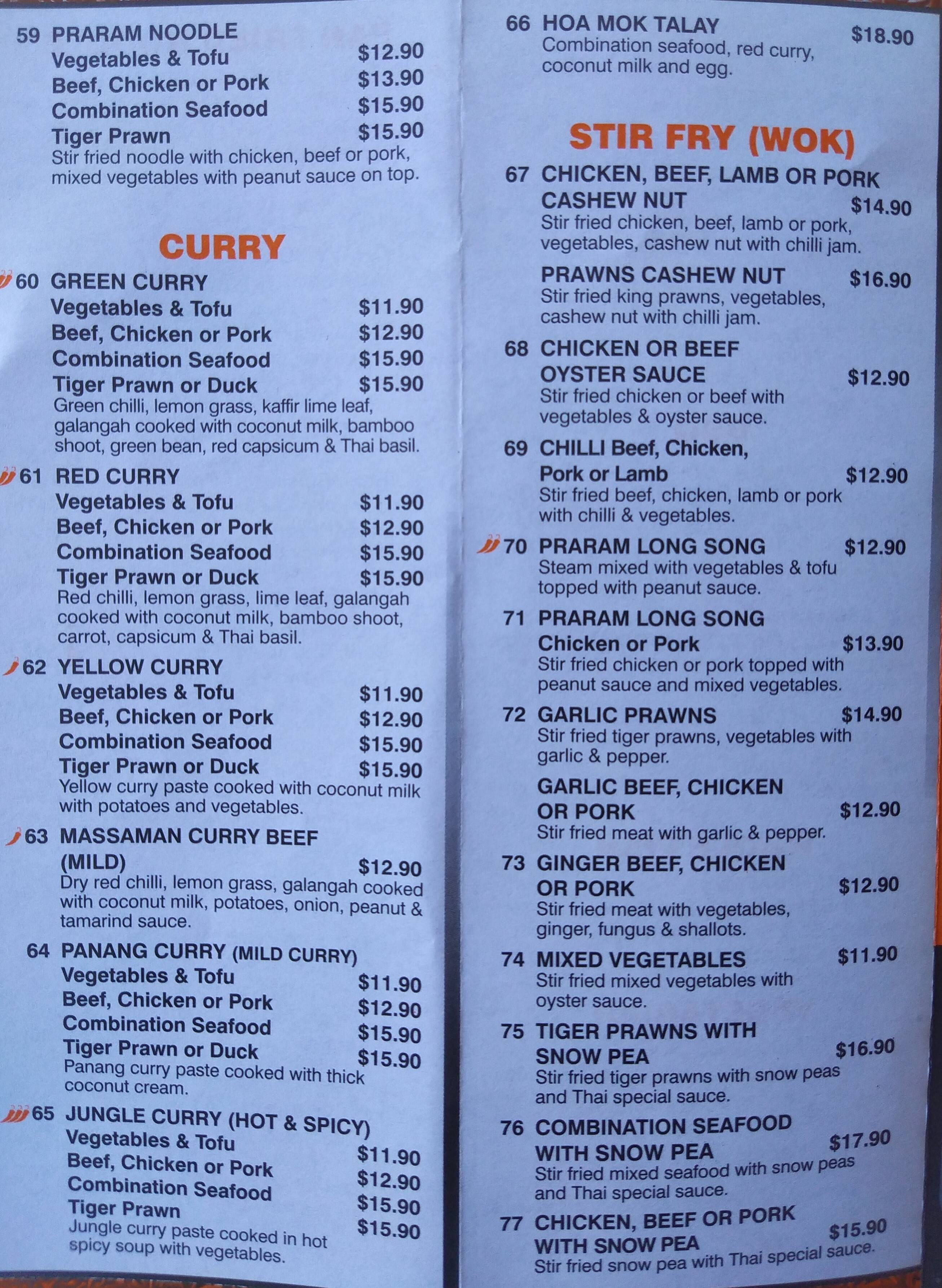 Menu at Gourmet Thai Noodle restaurant, Saint Marys