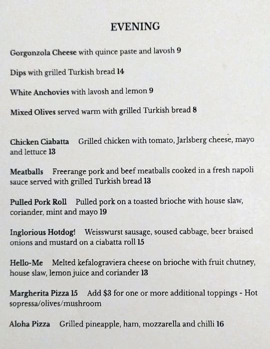 Menu at Hell's Kitchen restaurant, Melbourne