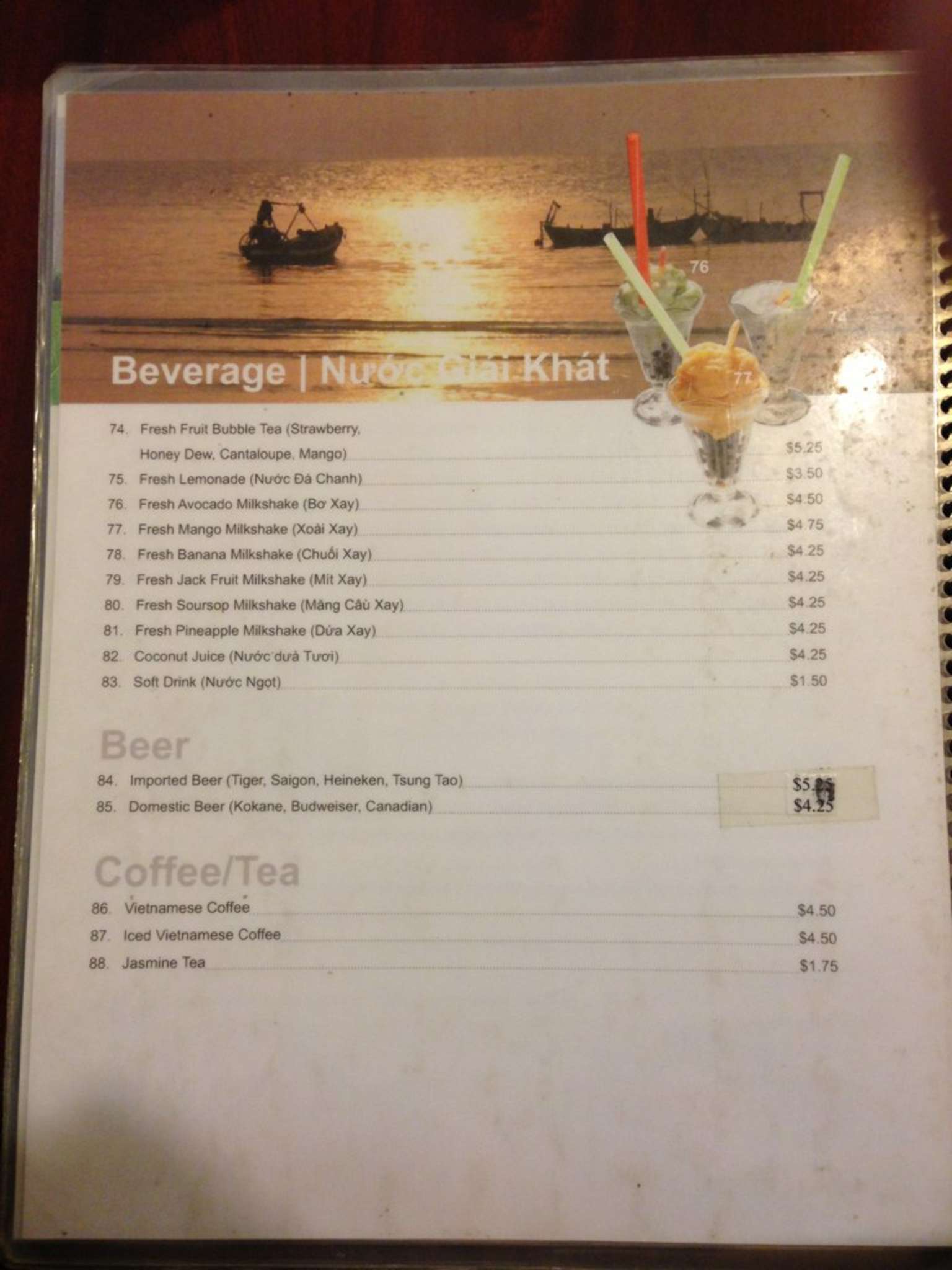 Menu at nho saigon restaurant, Calgary