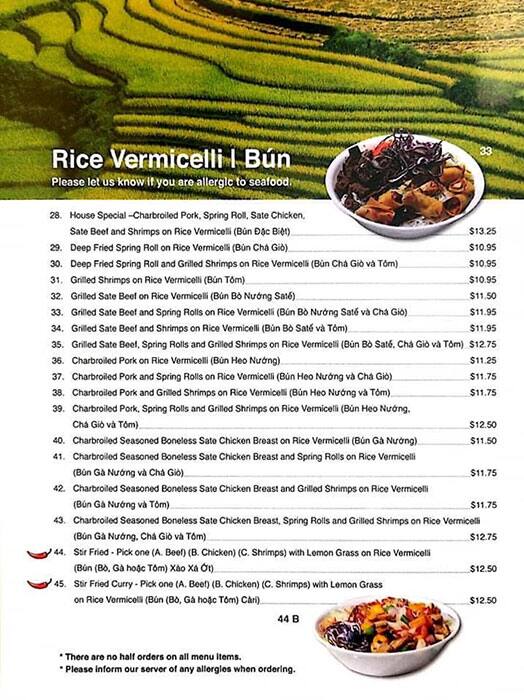 Menu at Nho Saigon restaurant, Calgary