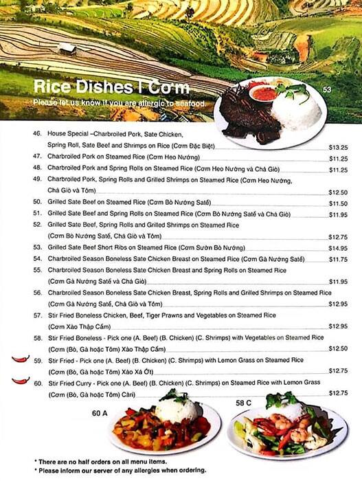 Menu au Nho Saigon restaurant, Calgary