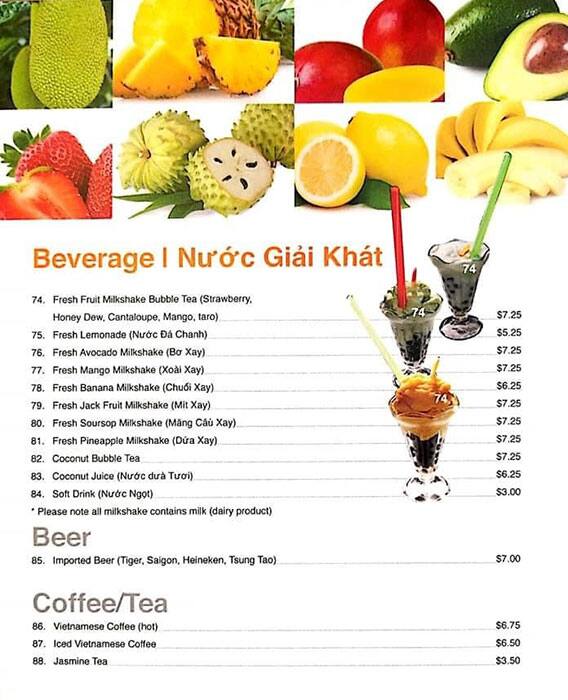 Menu at Nho Saigon restaurant, Calgary