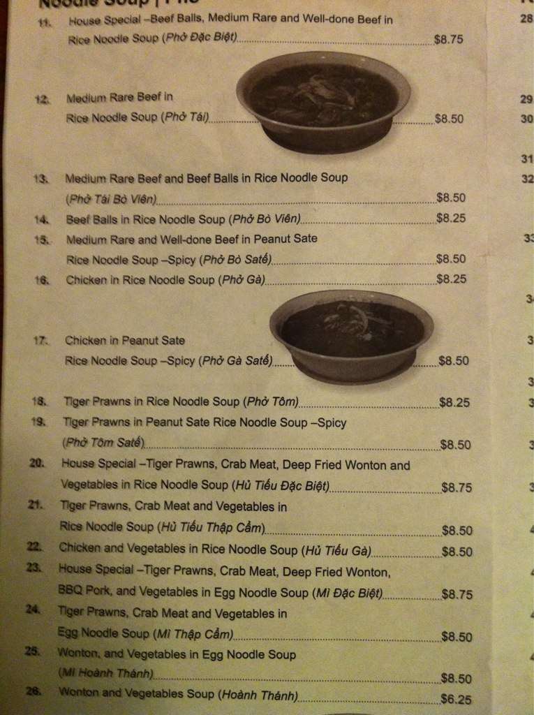Menu at nho saigon restaurant, Calgary
