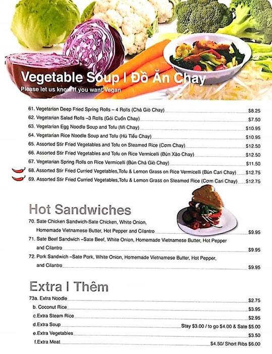 Menu at Nho Saigon restaurant, Calgary