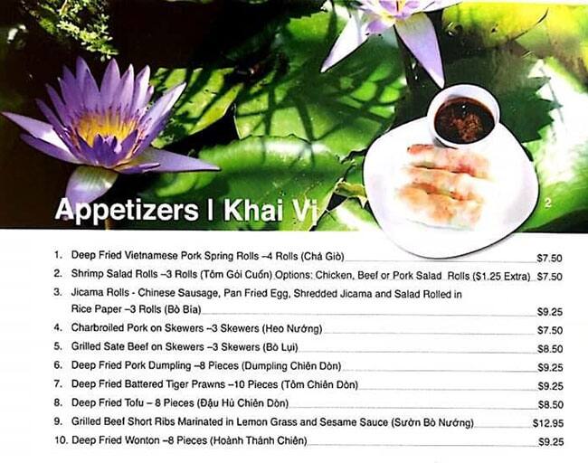 Menu at Nho Saigon restaurant, Calgary