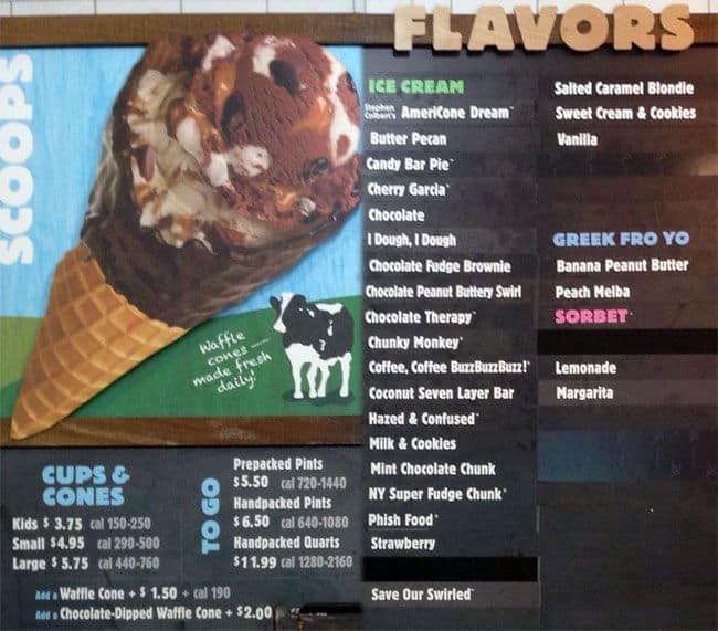 Carta del postres Ben & Jerry’s, Filadelfia, 218 S 40th St