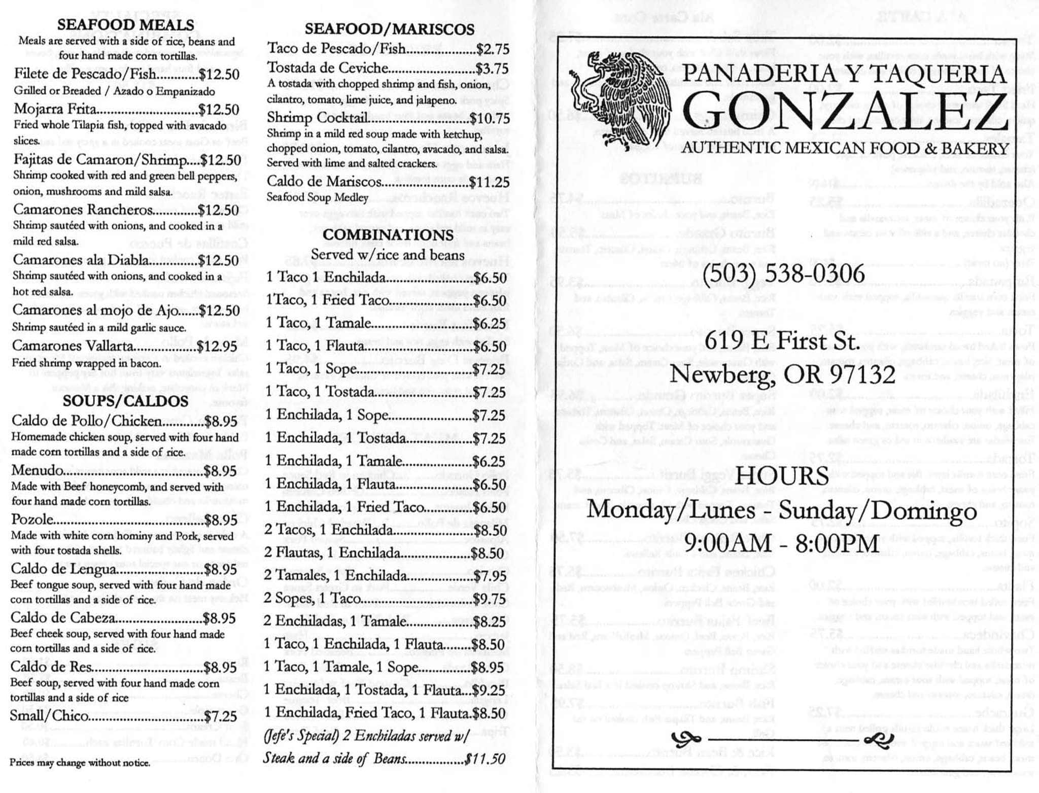 Menu at Gonzalez Taqueria restaurant, Newberg