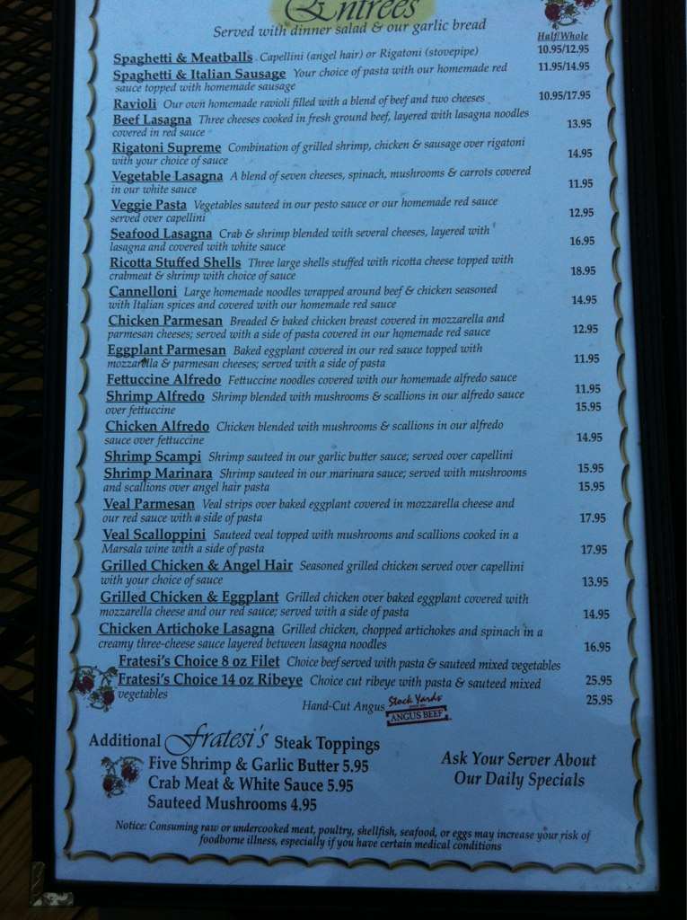 Menu at Fratesi's restaurant, Ridgeland