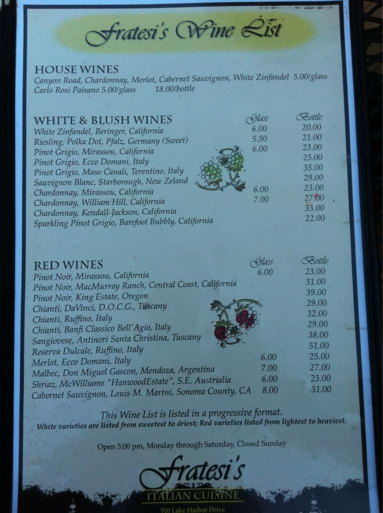 Menu at Fratesi's restaurant, Ridgeland