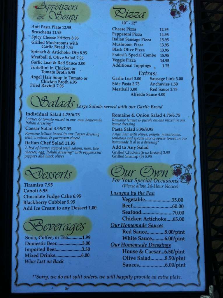 Menu at Fratesi's restaurant, Ridgeland
