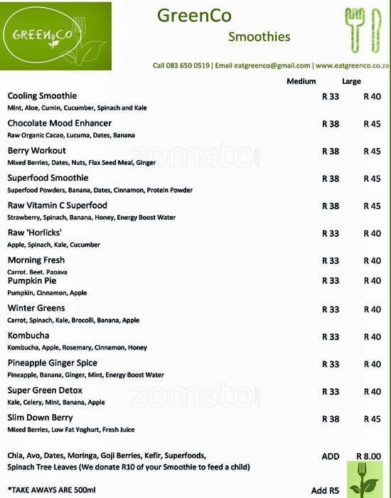 Menu at GreenCo cafe, Centurion