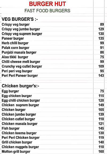 Menu at Burger hut, Bengaluru