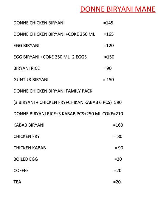 Menu of Donne Biriyani Mane, KR Puram, Bangalore