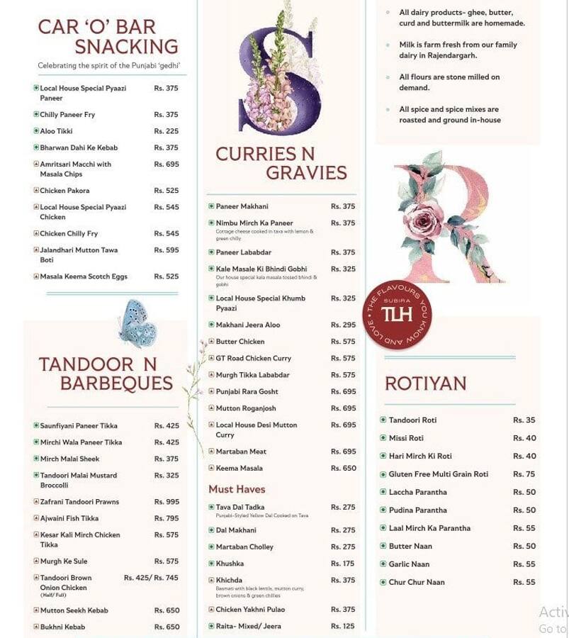 Menu of The Local House, Phase 2, Mohali