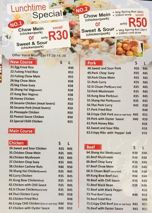 Menu at Fu Long Chinese Take Away restaurant, Paarl, 345 Main Rd