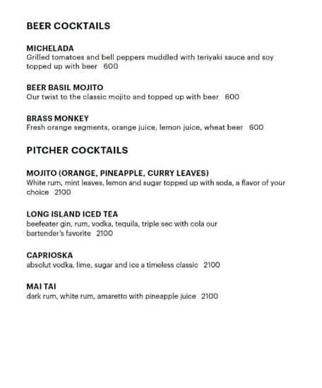 Menu at Willows Lounge Bar, Chennai