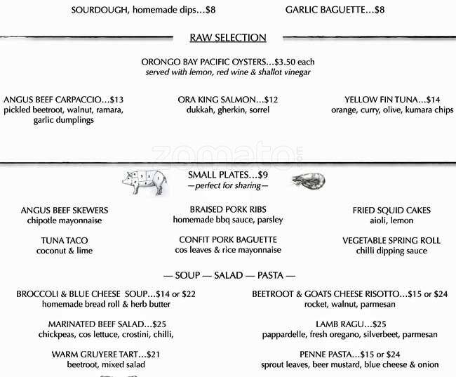 Menu at Cobar Restaurant, Lower Hutt