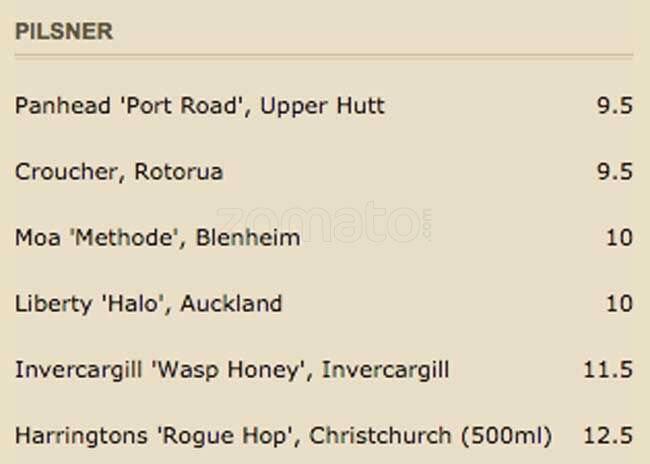 Menu at Cobar Restaurant, Lower Hutt