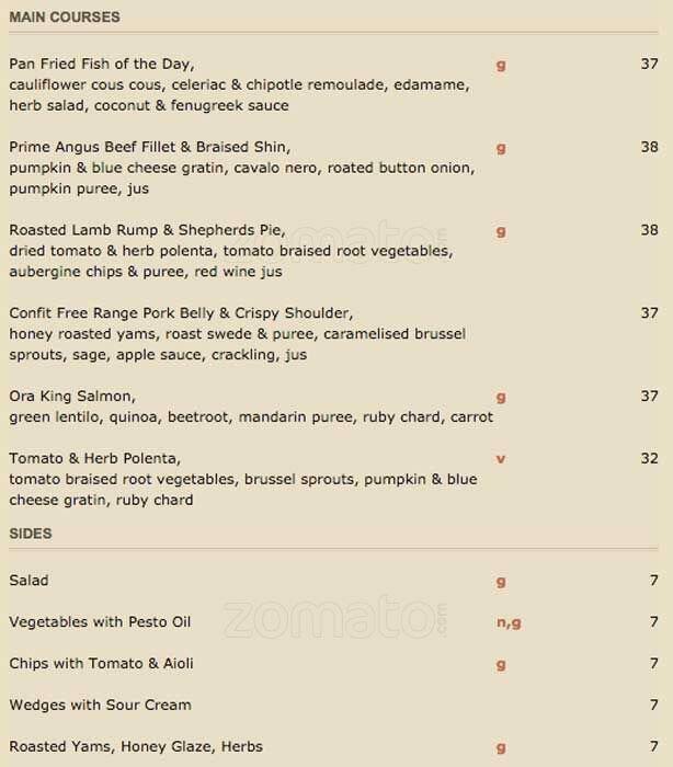 Menu at Cobar Restaurant, Lower Hutt