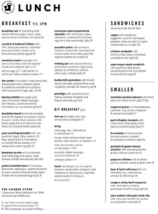 Menu at the corner store restaurant, Mentone