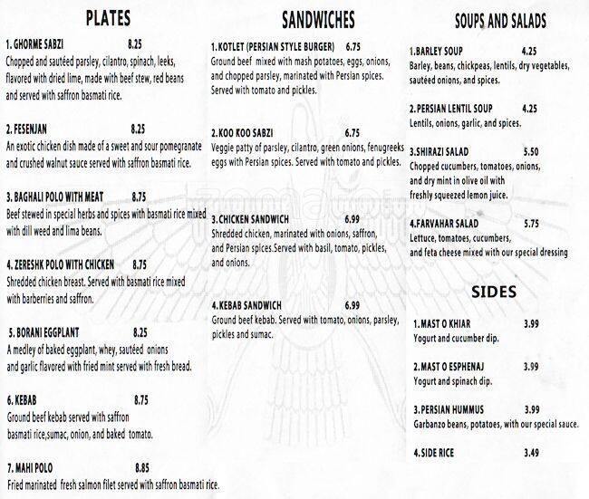 Menu at Farvahar Persian Cafe, Seattle