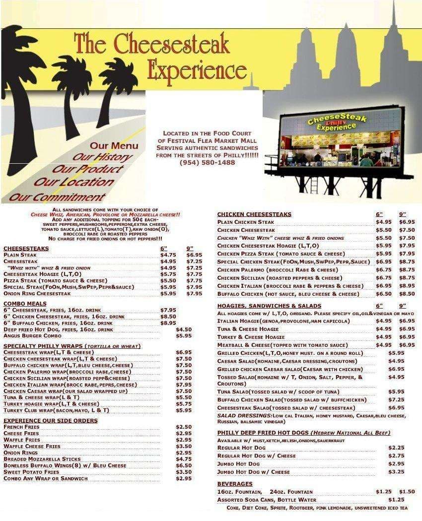 Menu at Cheesesteak Experience restaurant, Fort Lauderdale