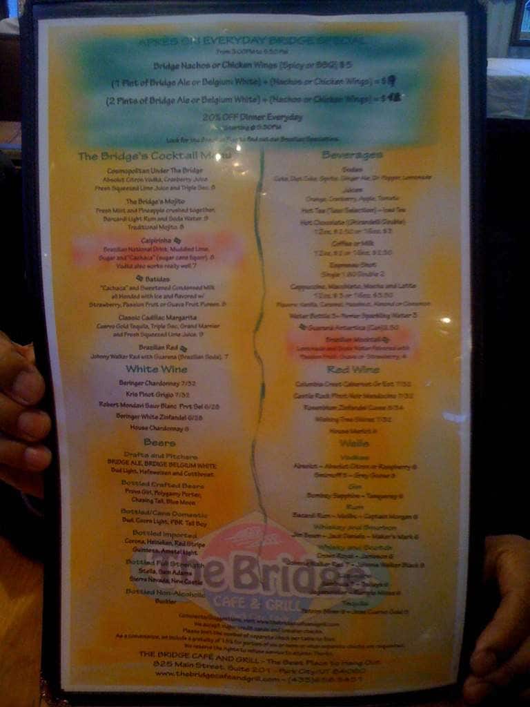 Menu at The Bridge Cafe and Grill, Park City