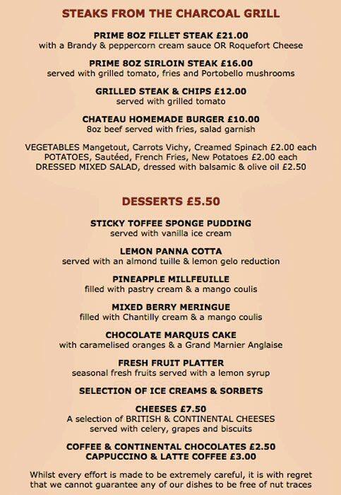 Menu at Chateau Napoleon restaurant, Croydon