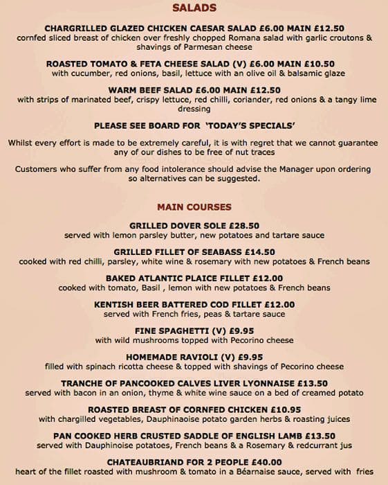 Menu at The Chateau Restaurant Croydon, Croydon