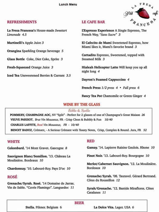 Menu at La Fresa Francesa restaurant, Hialeah