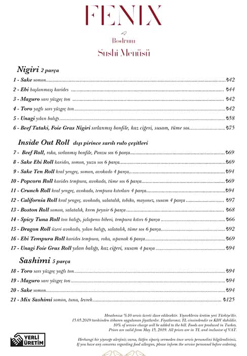 Menu at Fenix Bodrum, Koyunbaba Mahallesi, Yalıkavak Marina Yalıkavak ...